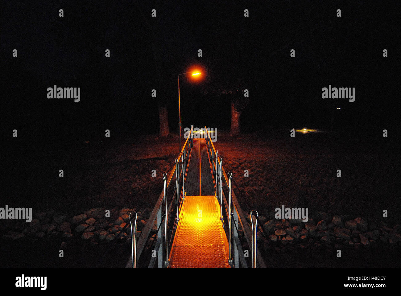 Riverside, landing stage, bridge, gangway, lighting, evening, river ...