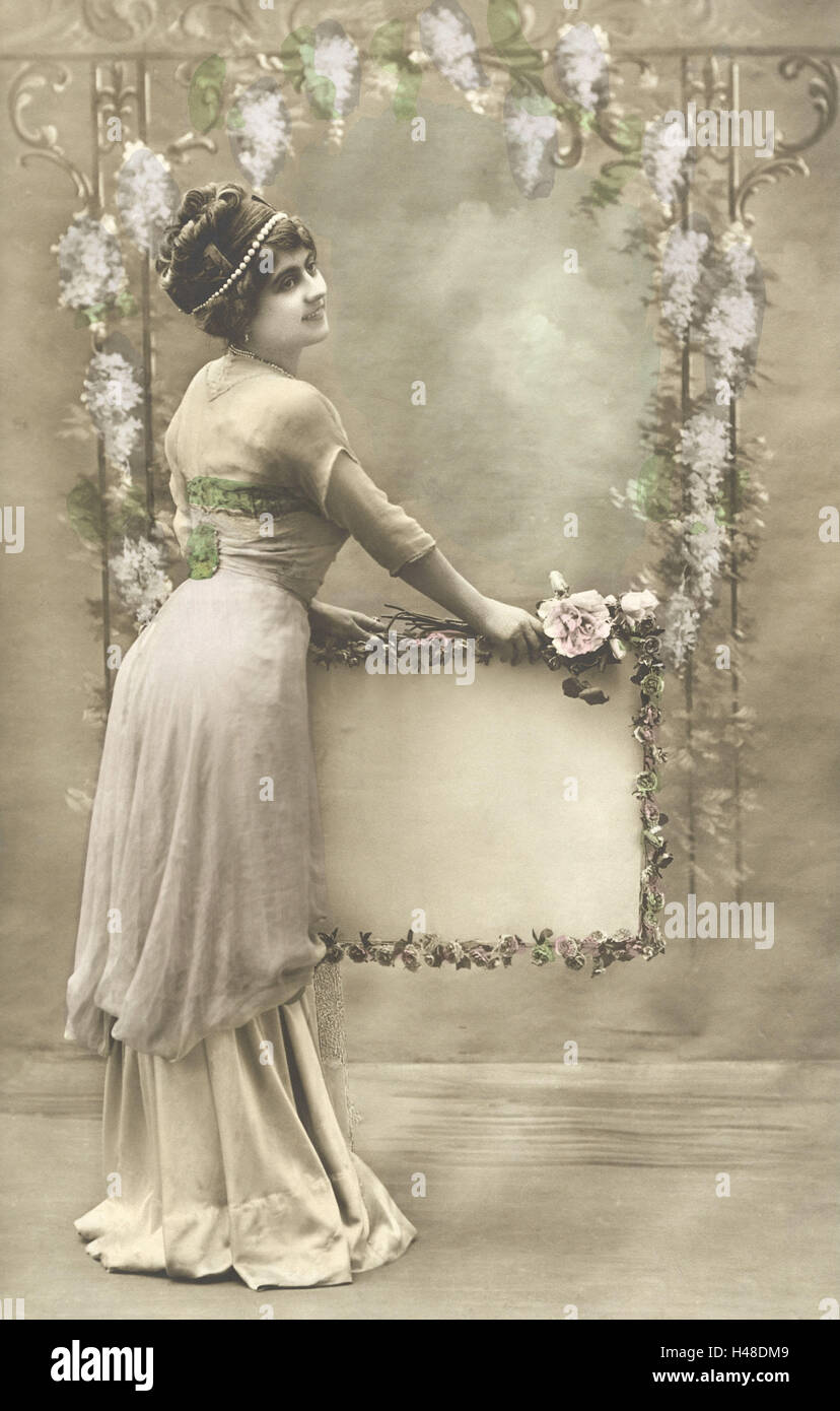 Nostalgia, woman, dress, window, flowers, standing, smiling, b/w ...