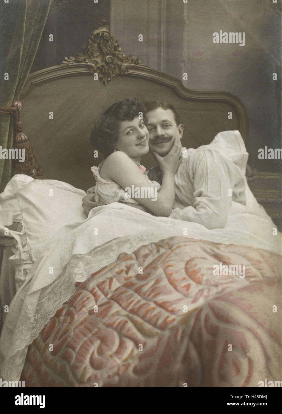 Nostalgia, couple, bed, smile, happy, b/w colored, postcard, nostalgic ...