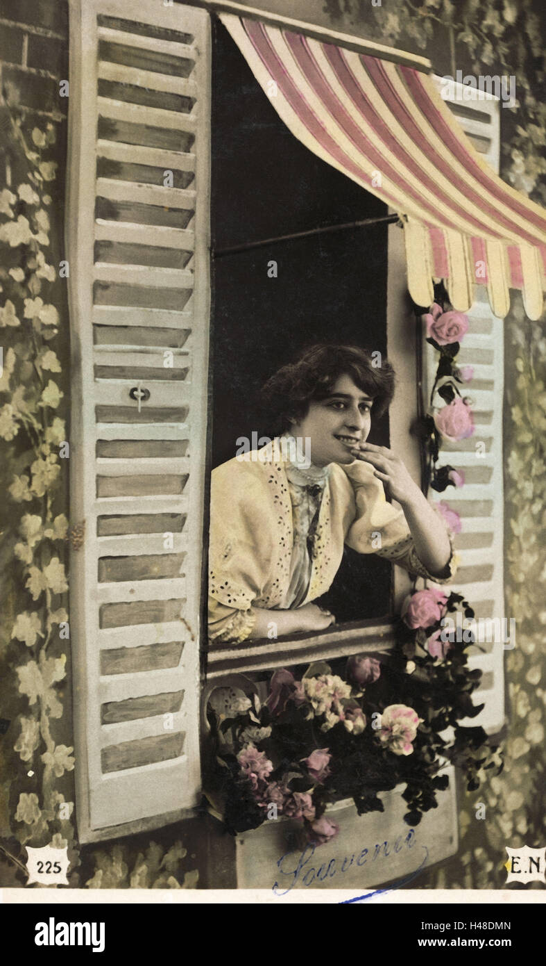 Nostalgia, woman, window, gestures, b/w colored, postcard, nostalgic ...