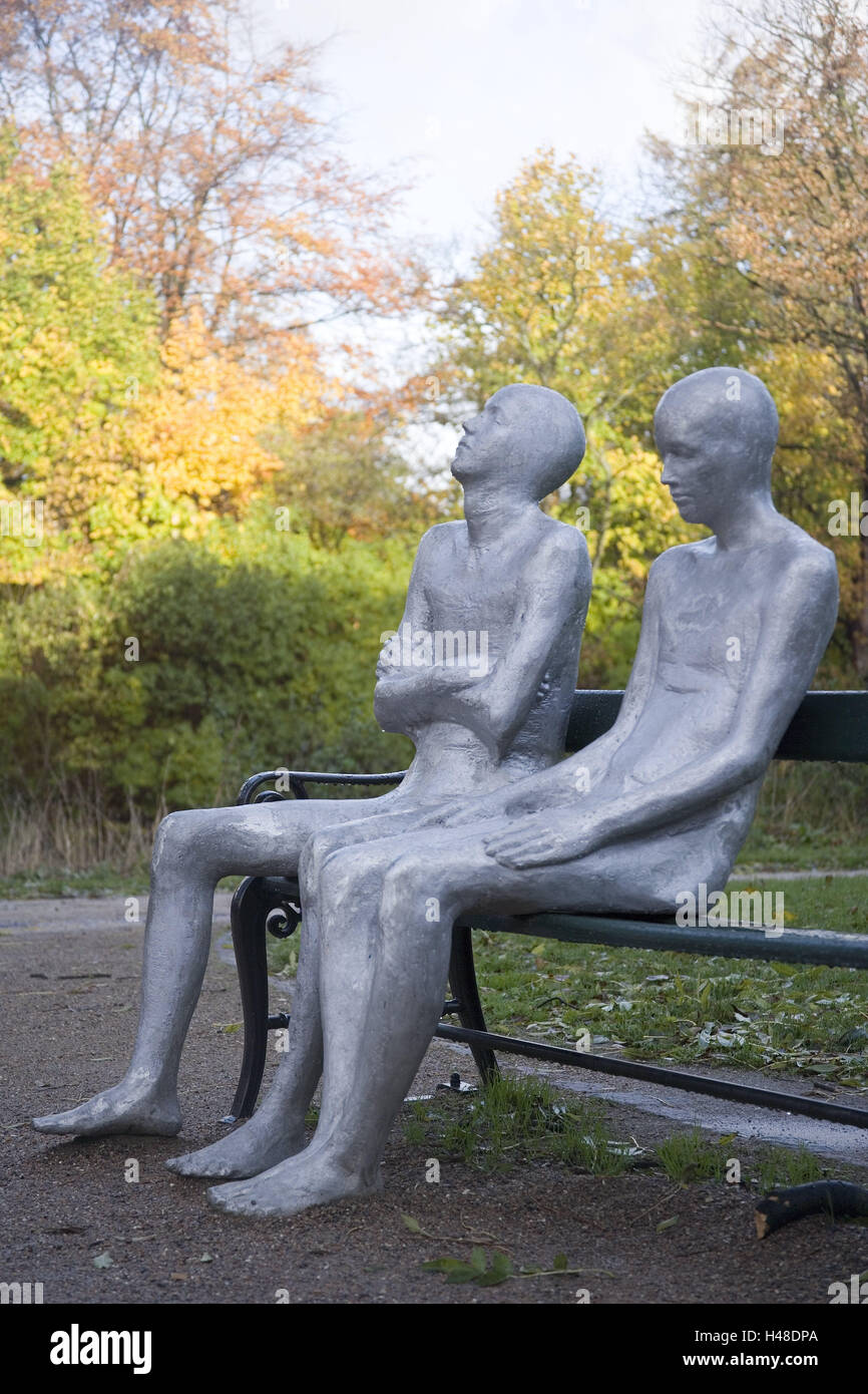 Denmark, Copenhagen, Churchill park, park-bench, sculptures, autumn ...