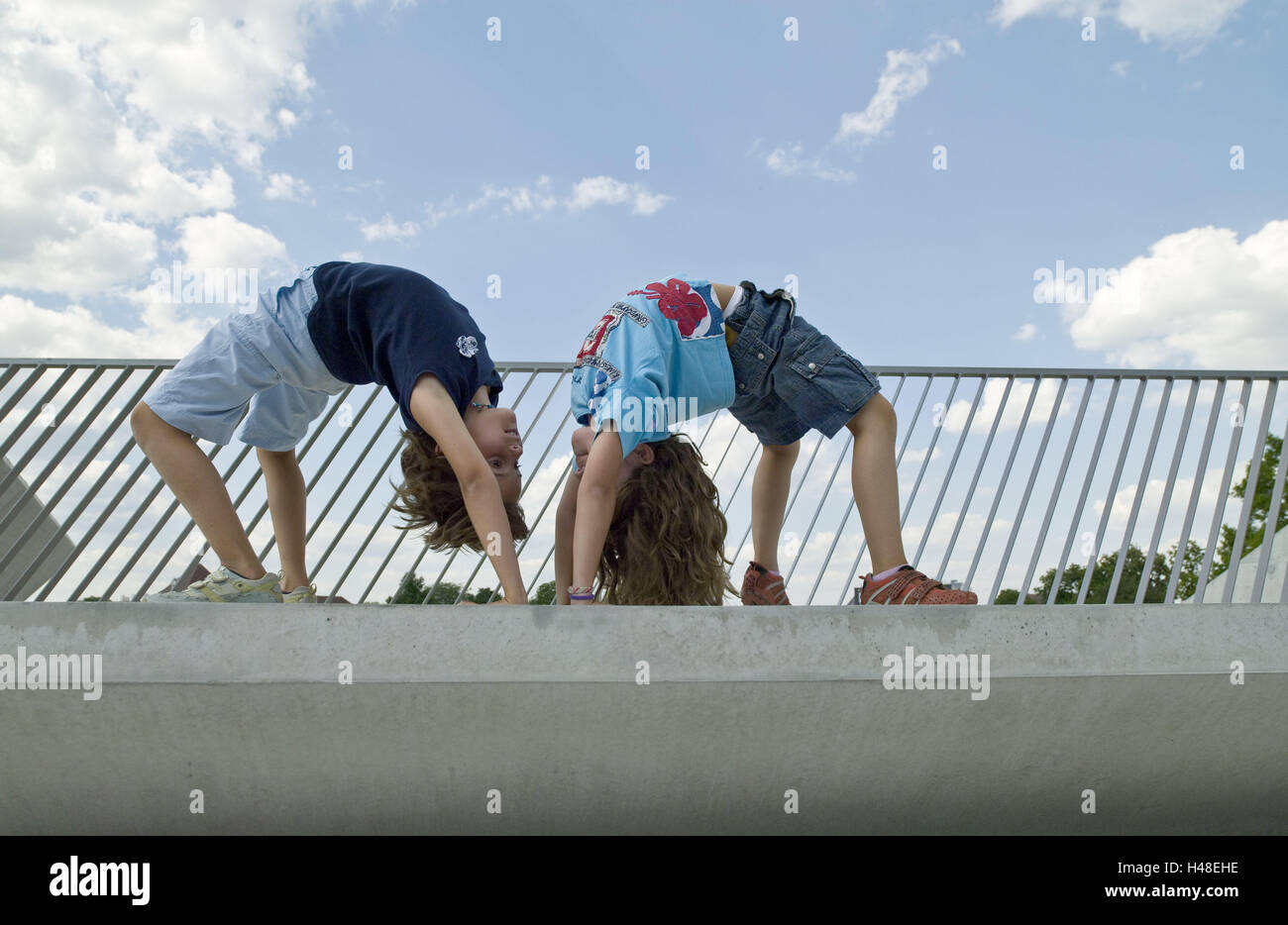 Children, two, terrace, gymnastics, gymnastic, "Bridge", girl, holidays ...