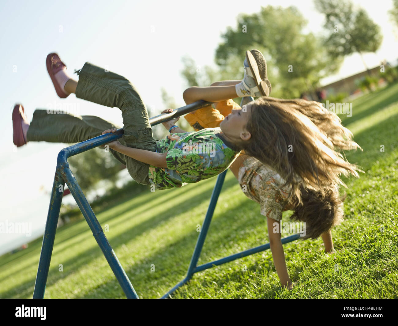 Children, two, playground, do gymnastics, play, girls, holidays ...