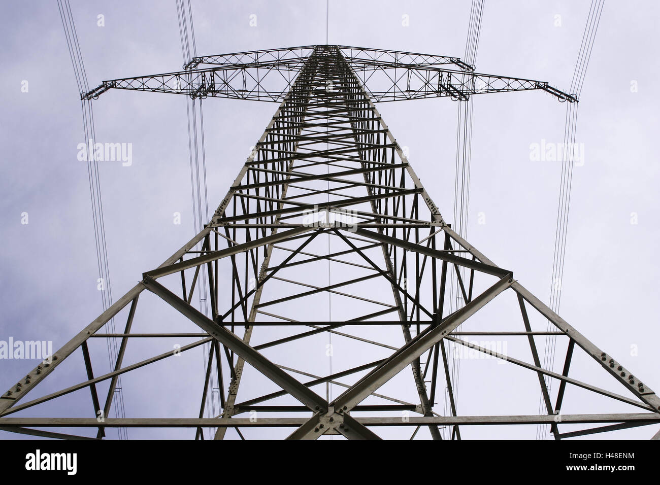 High-voltage poles, from below, power poles, masts, construction, steel ...