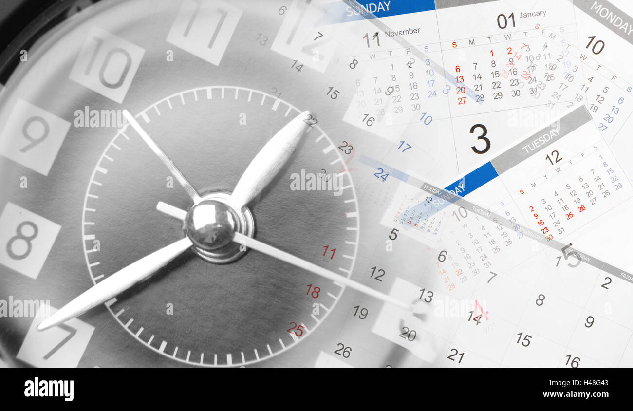 Clock face and calendars composite Stock Photo - Alamy