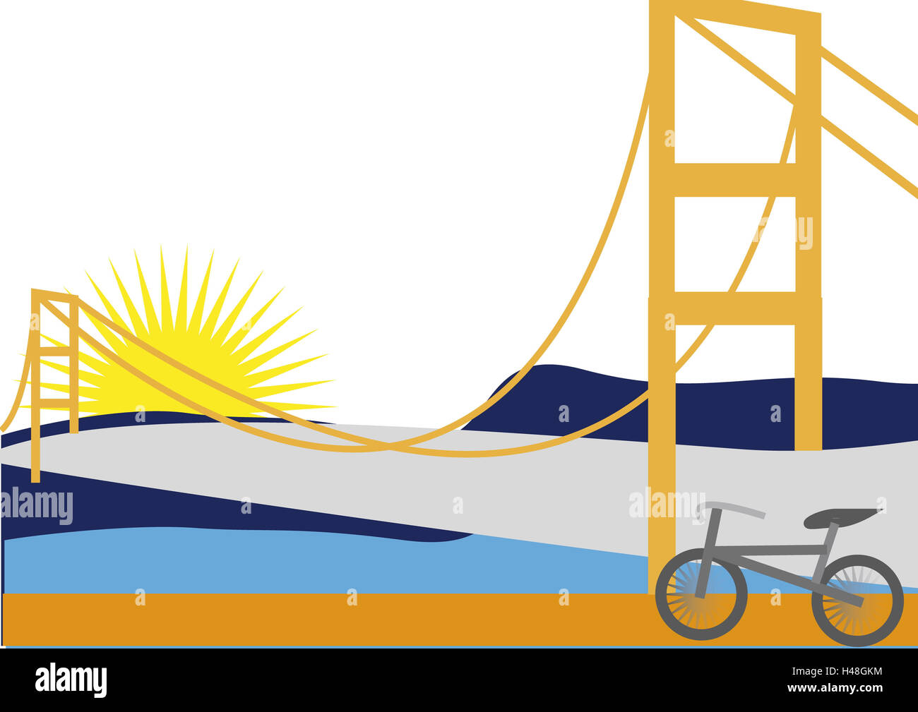 Illustration, bridge, bicycle, sun Stock Photo - Alamy