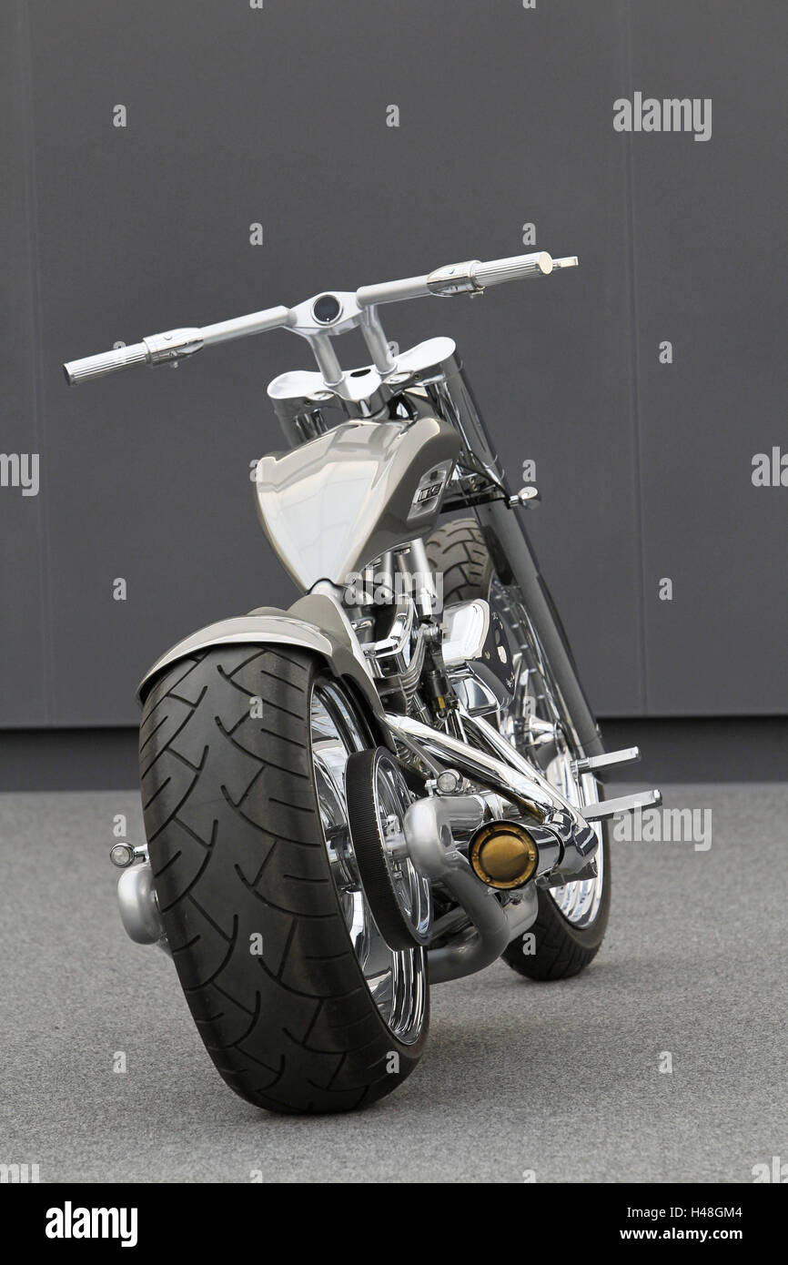 Motorcycle, chopper AMG, tilted back view, wide rear tyre, silver ...