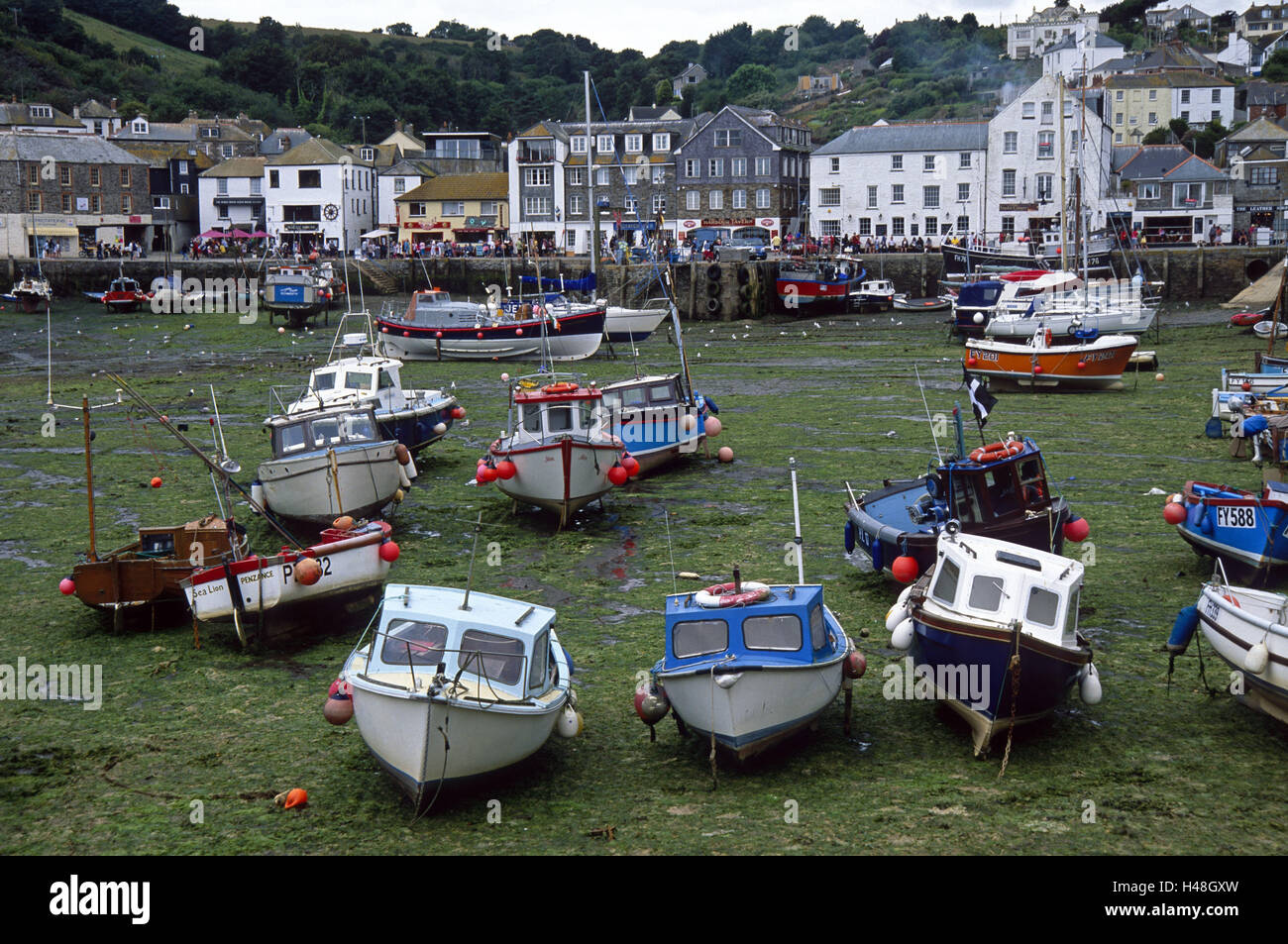 Great Britain, Cornwall, Mevagissey, low tide, boots, seaweed, harbour ...