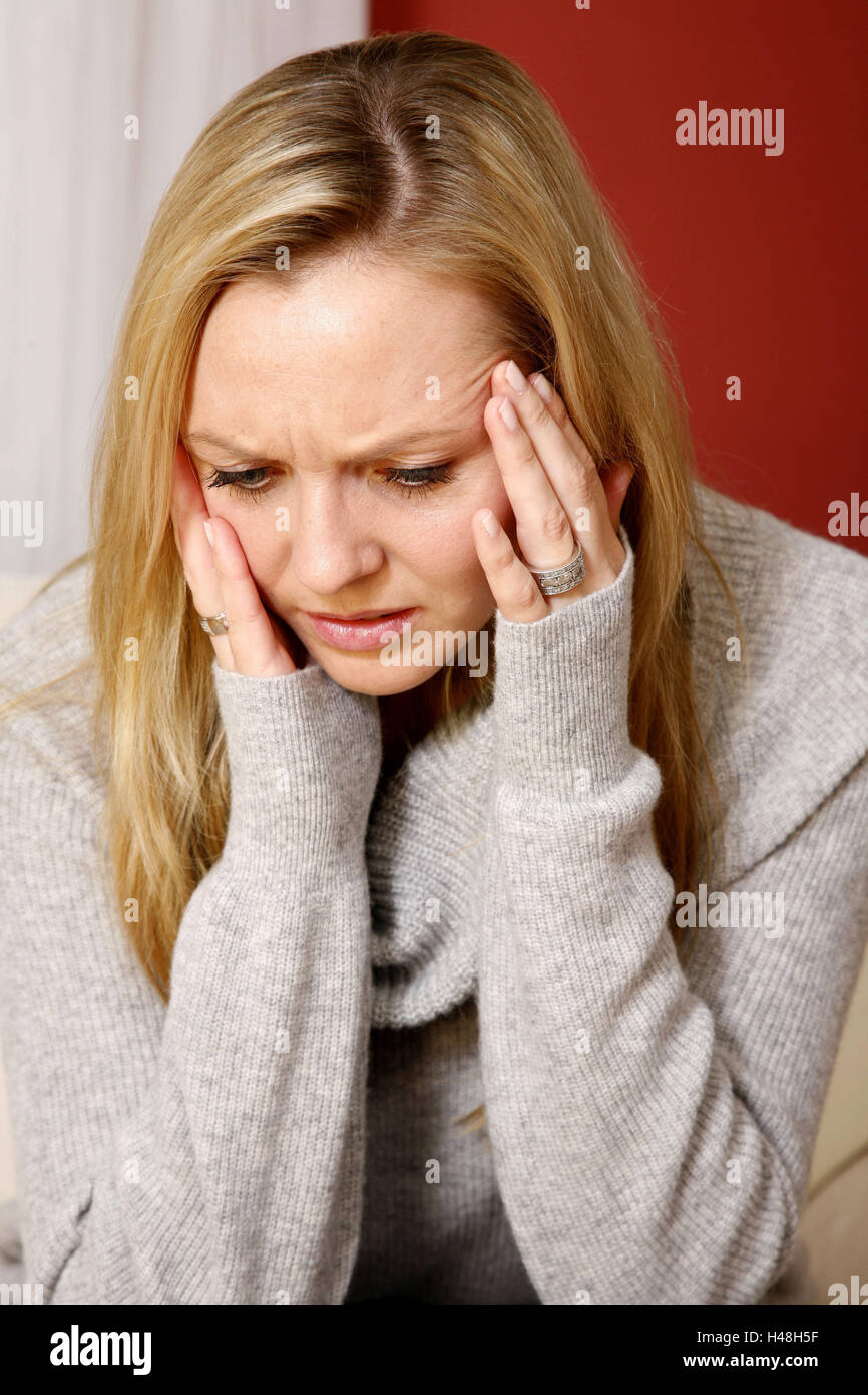 Woman, young, cephalalgias, portrait, curled, ailment, person, of a ...