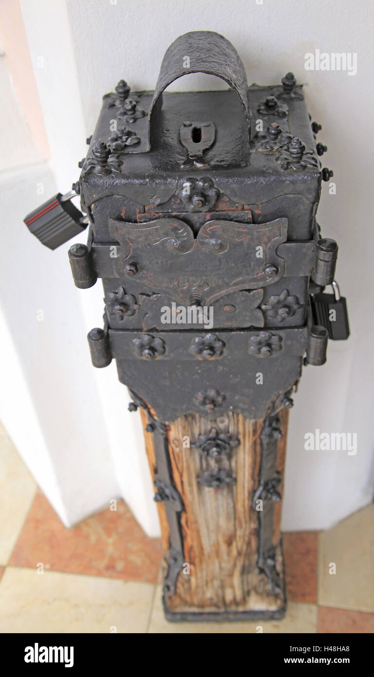 iron offertory box in a church, offerings, metal, solidly, sealed ...