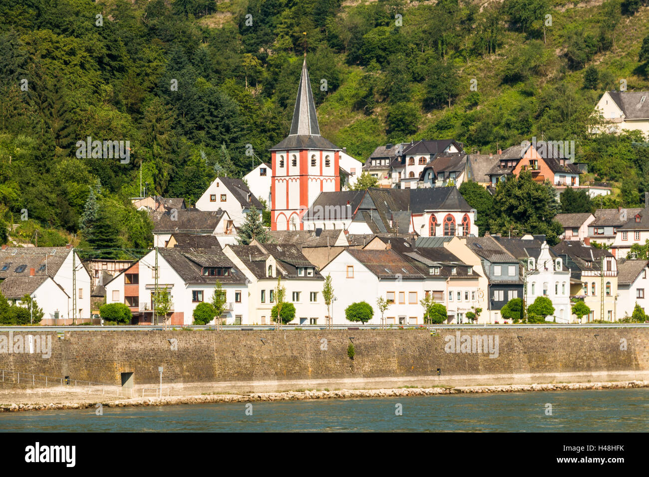 Pretty village with church, Rhine Gorge, Germany, Europe Stock Photo ...