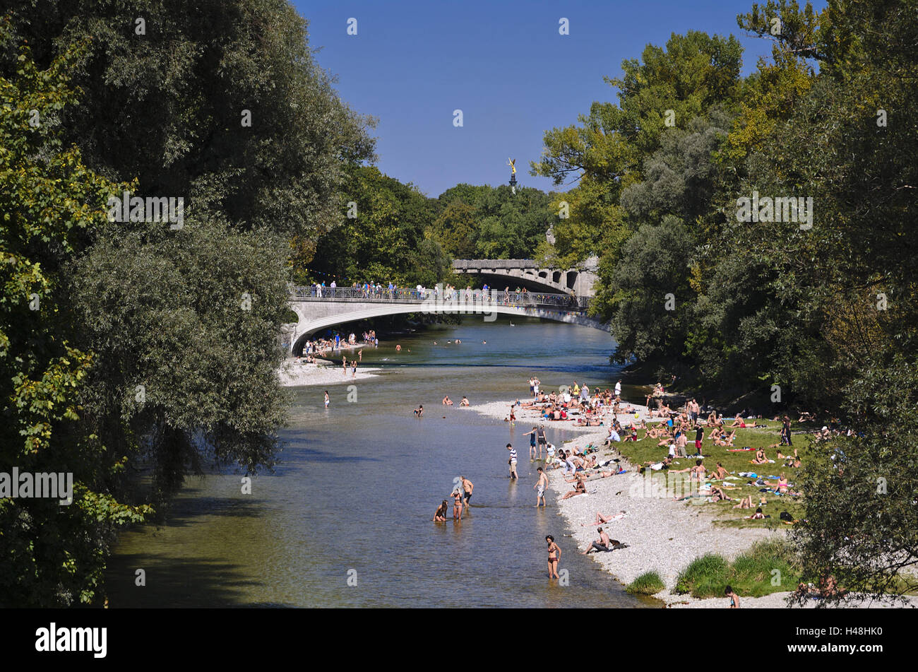 Germany, Bavaria, Upper Bavaria, Munich, Isar shore, cable bridge ...