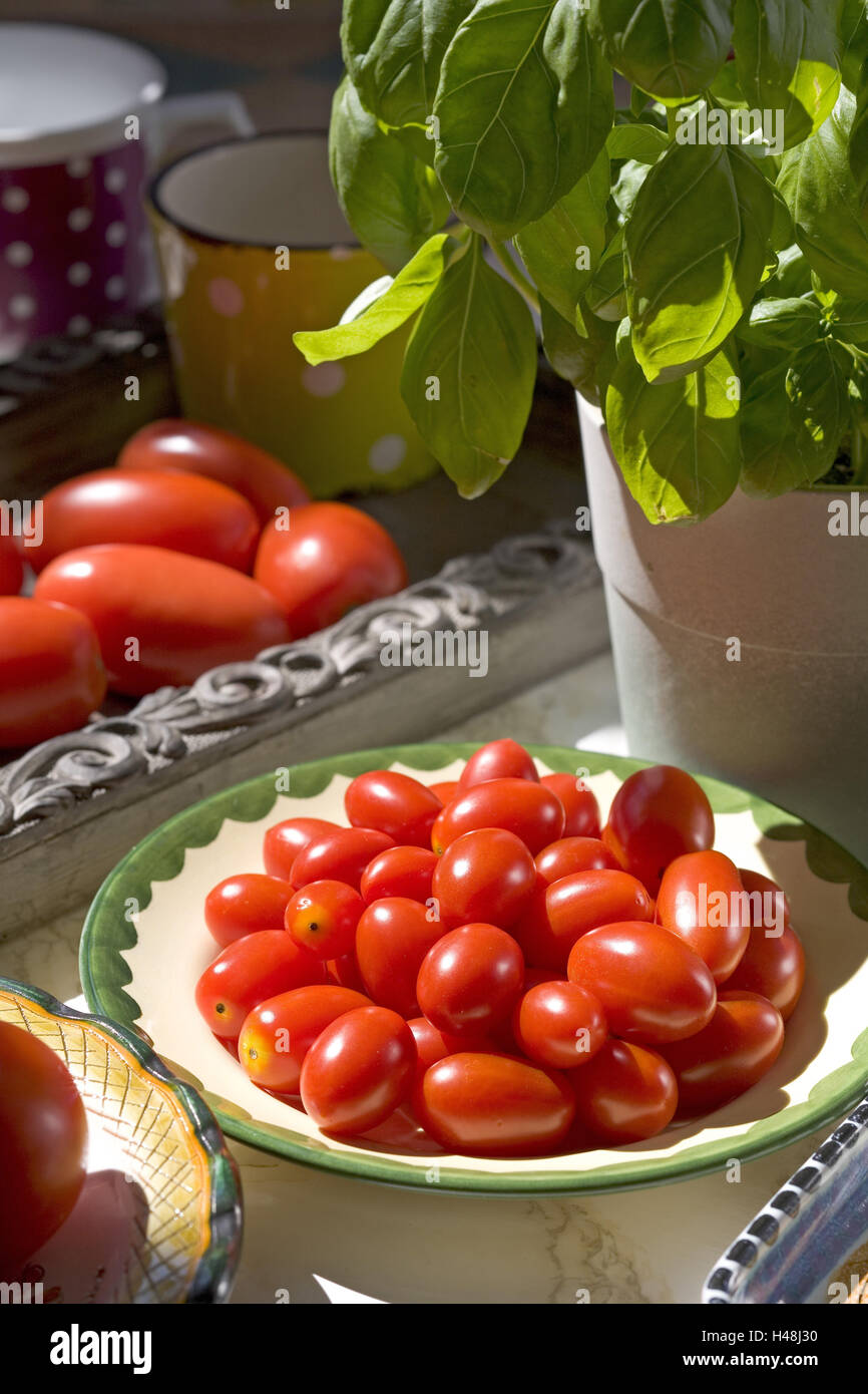 Different tomatoes and basil Stock Photo - Alamy