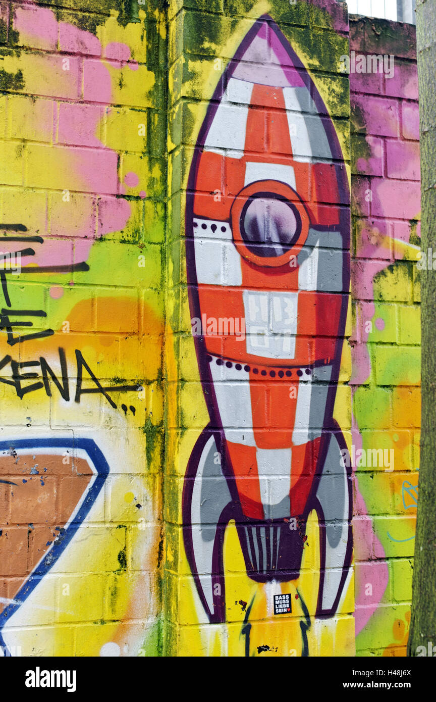 Graffiti, coloured rocket, Ottensen, Hanseatic City Hamburg, Germany ...