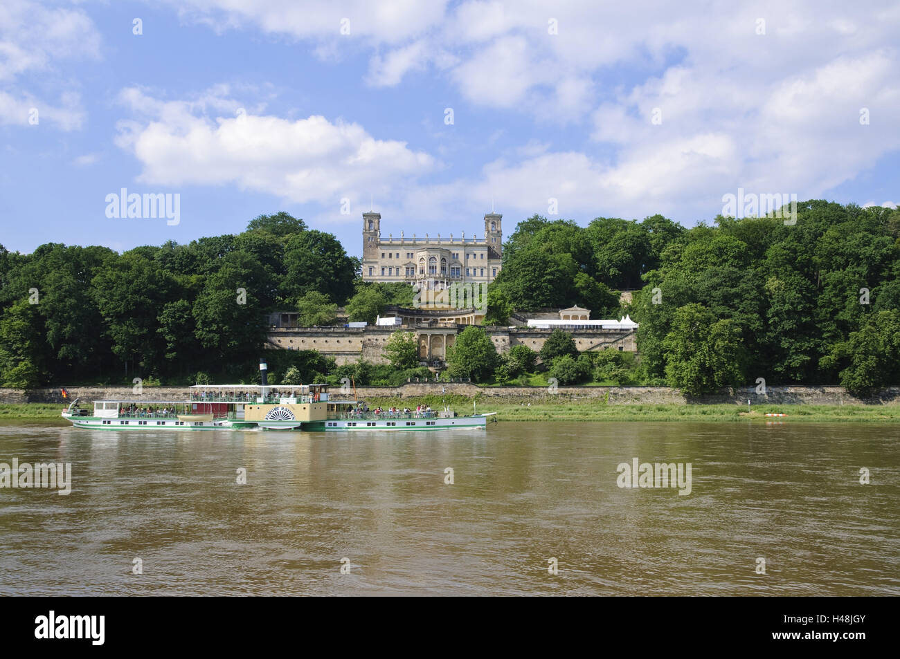 Lock Albrecht's mountain, the Elbe, steamboat, Dresden, Saxon, Germany ...