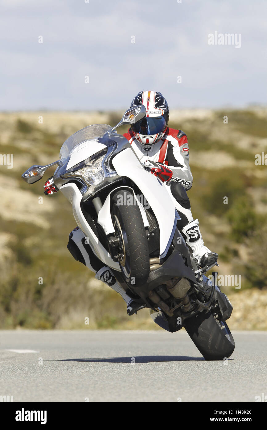 Motorcyclist, motorcycle, Honda VFR, sports motorcycle, wheelie, moving ...