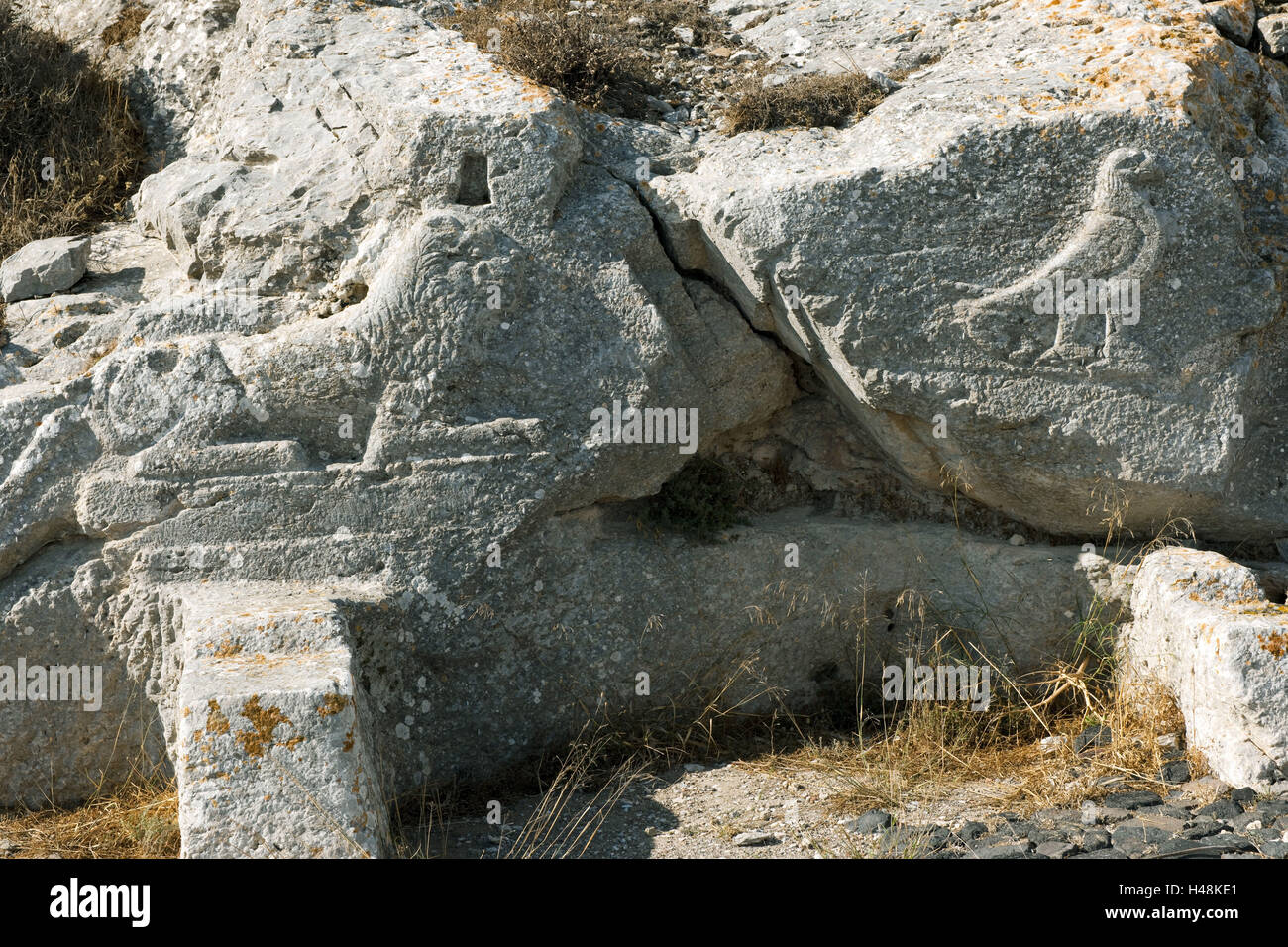Greece, the Cyclades, Santorini, Kamari, Alt-Thera, stone relief, lion ...