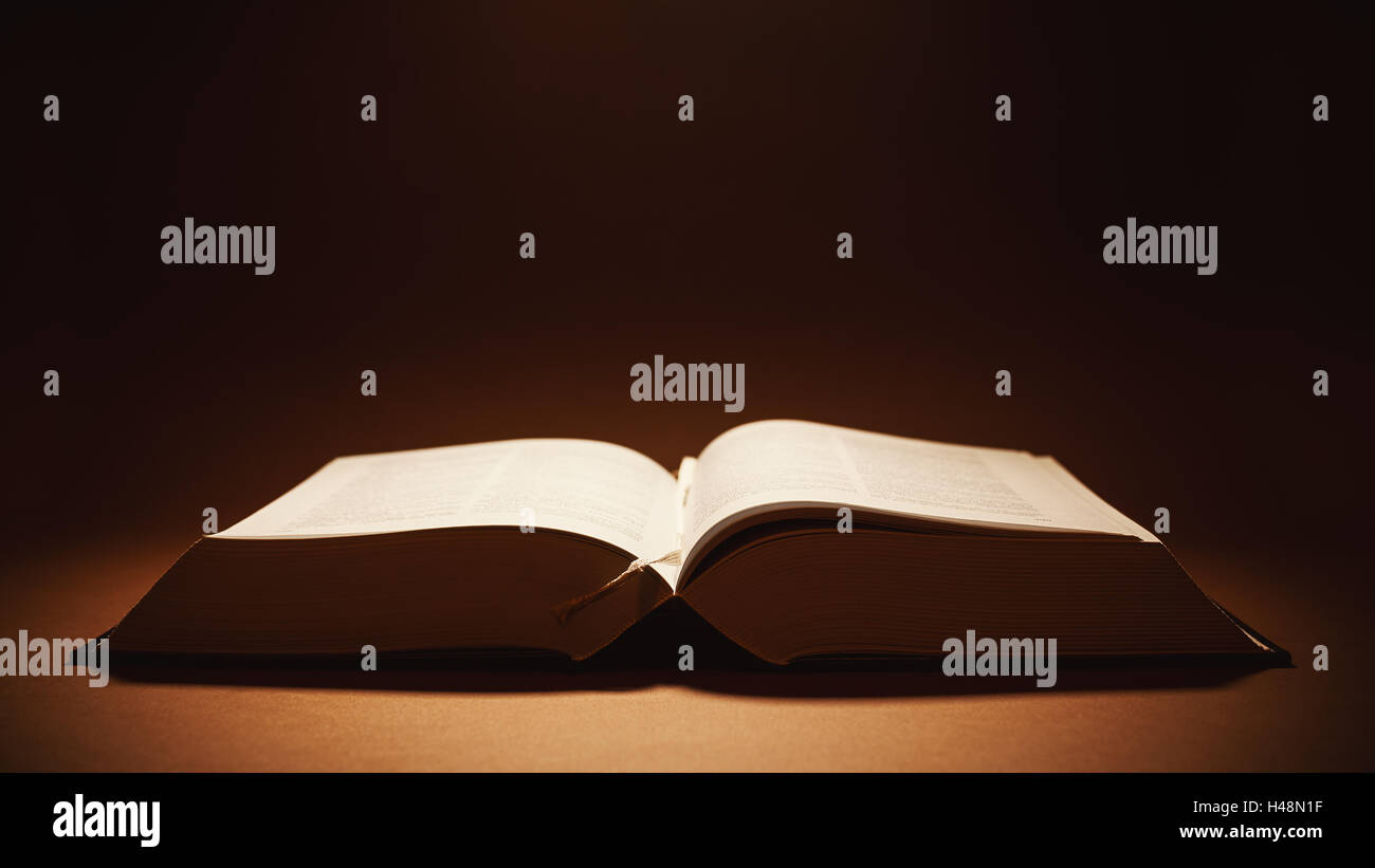 One thick book opened on brown background. Looks like dictionary or an ...