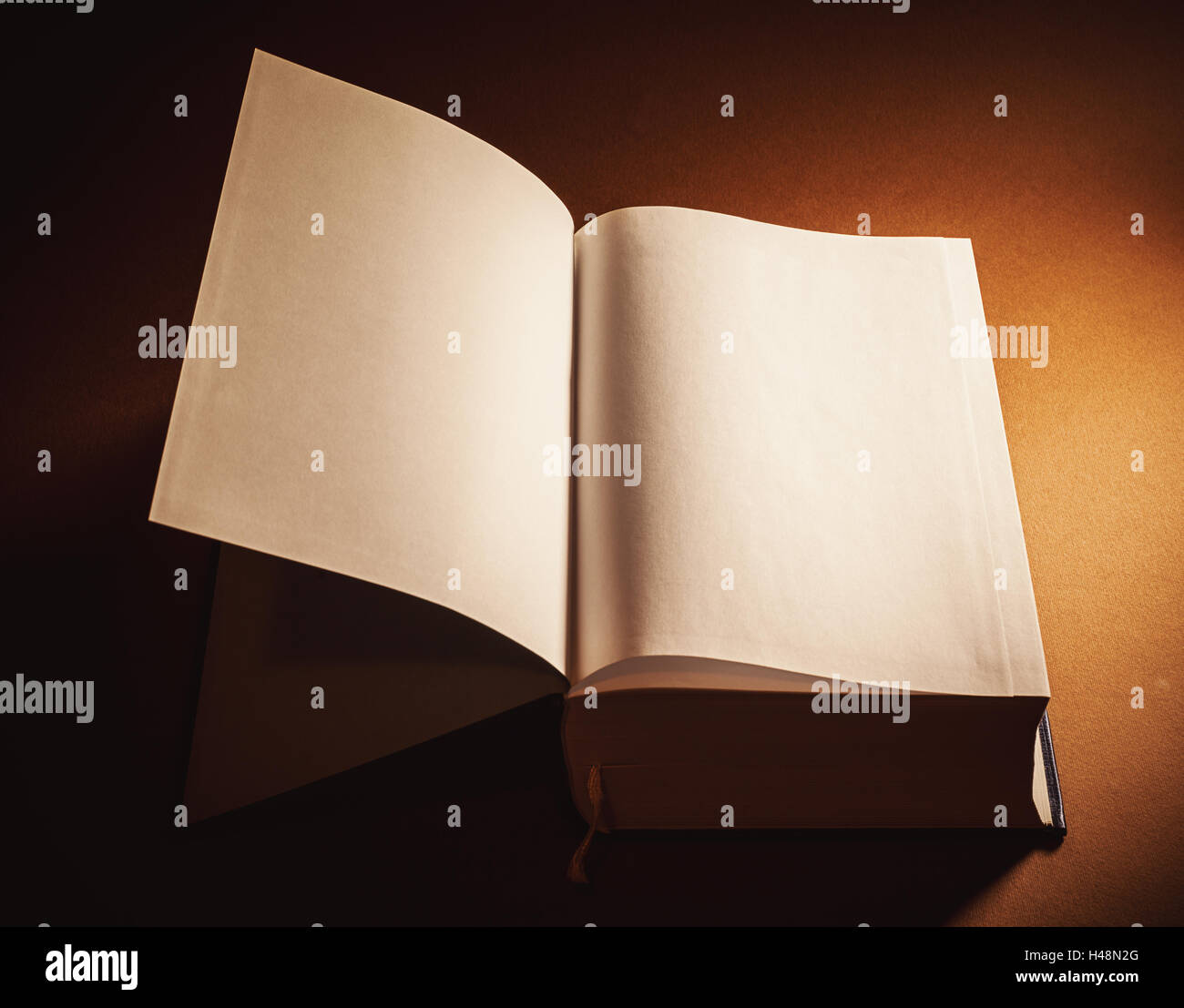 One thick book opened on brown background. Looks like dictionary or an ...