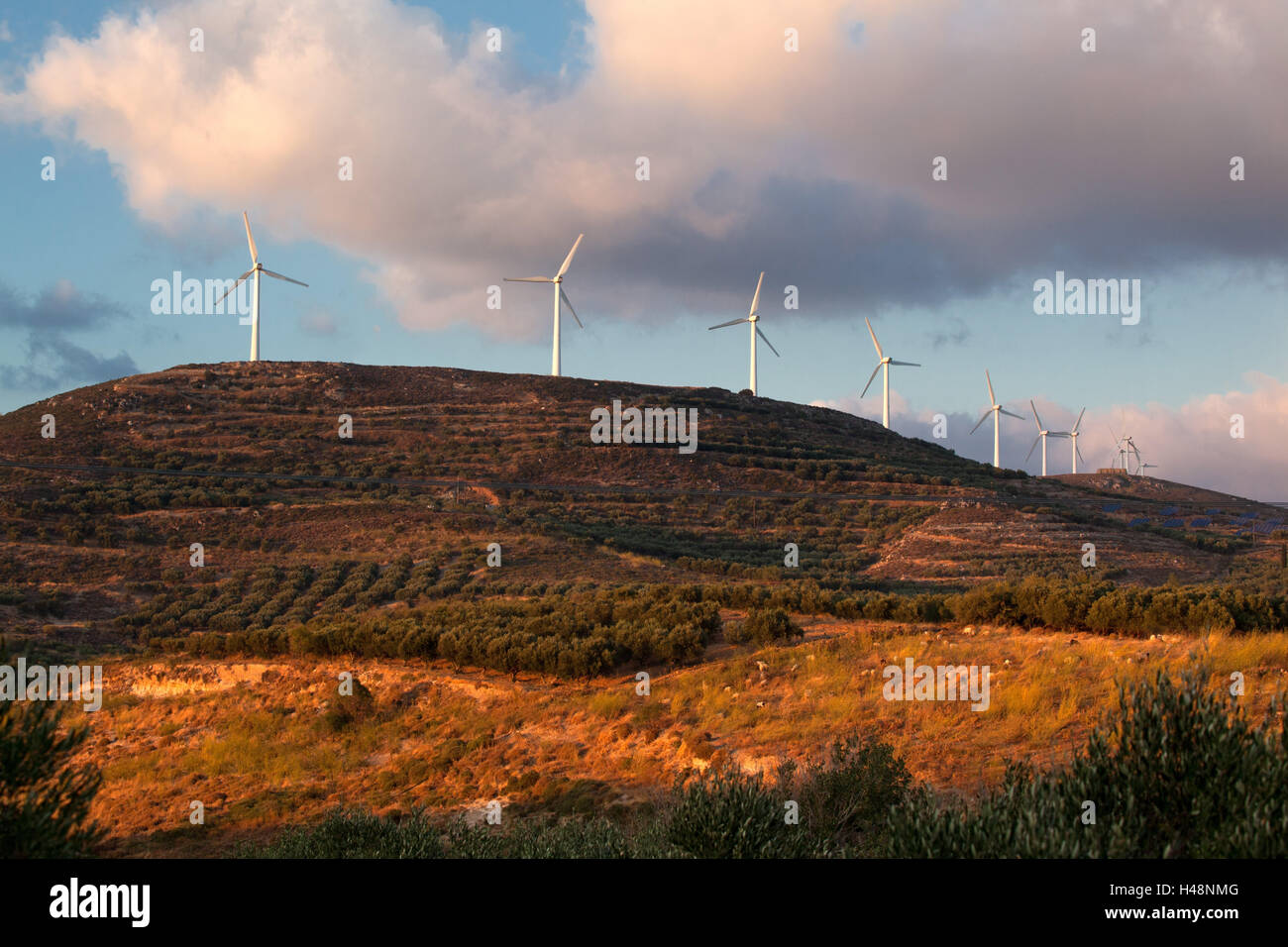 Greece, Crete, Chandras plateau, wind turbines, evening light Stock ...