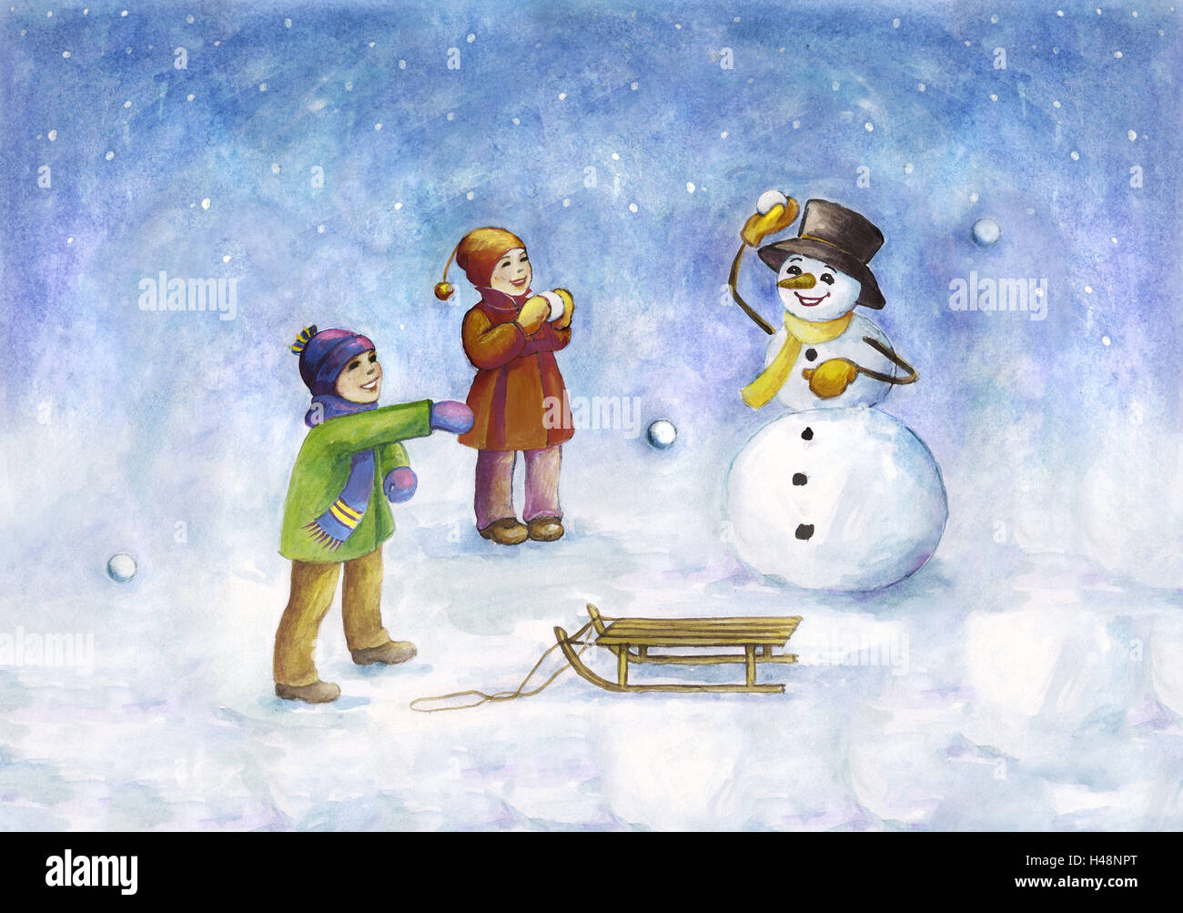 Subscription, children, snowman, snowball battle, snowing, illustration ...