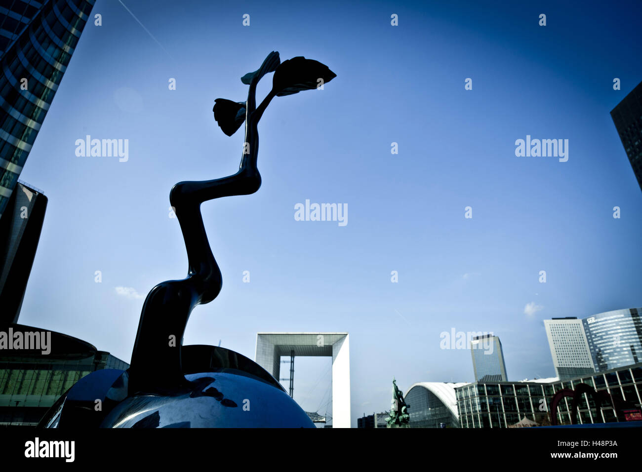 Sculpture before the grandee ark in the La Defense area, Paris, France ...