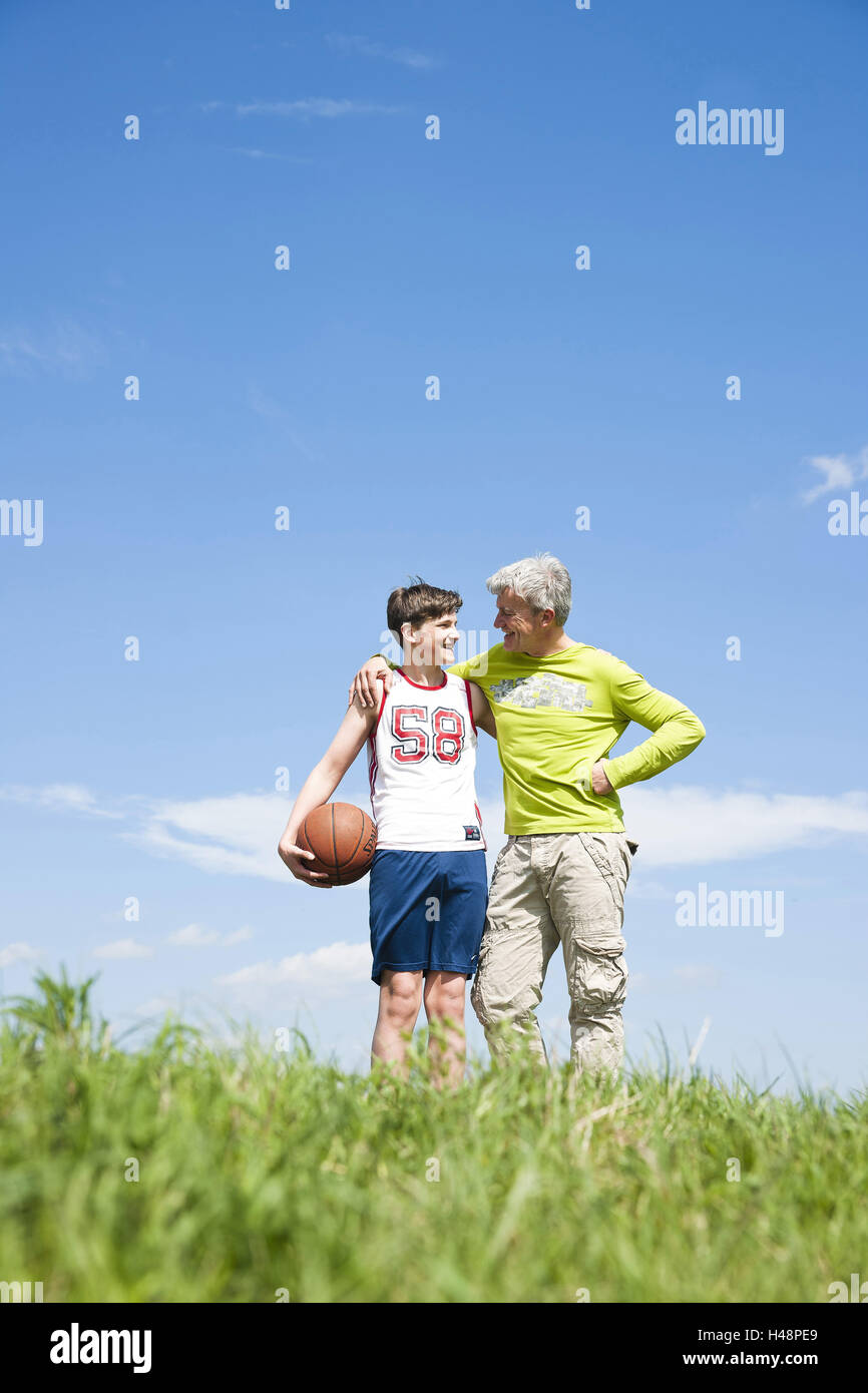 Father, son, embrace, eye contact, laugh, basketball, fun, person, boy ...