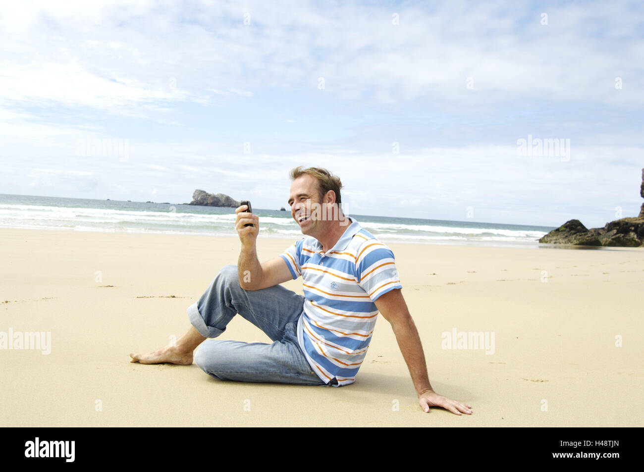 Beach, man, smile, sit, mobile phone, call up, people, sandy beach, sea ...
