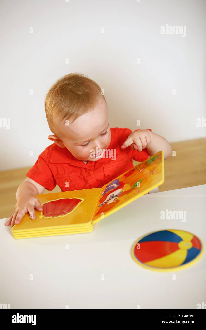 Infant, boy, scroll, picture book, portrait, person, child, only, sit ...