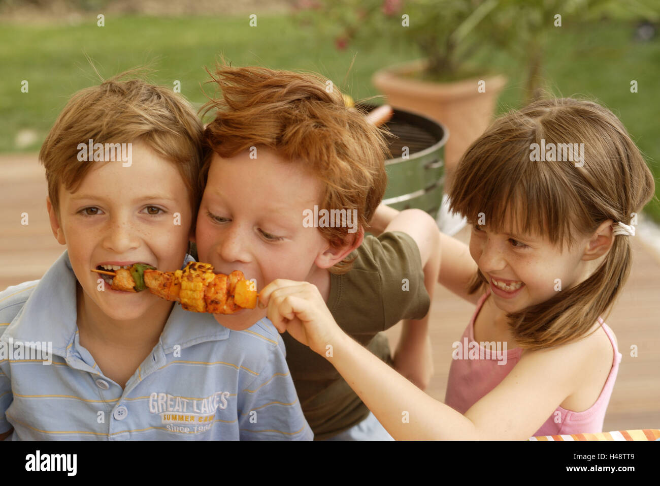 Children, boys, girls, grill spit, bite off, grill party, fun, summer ...