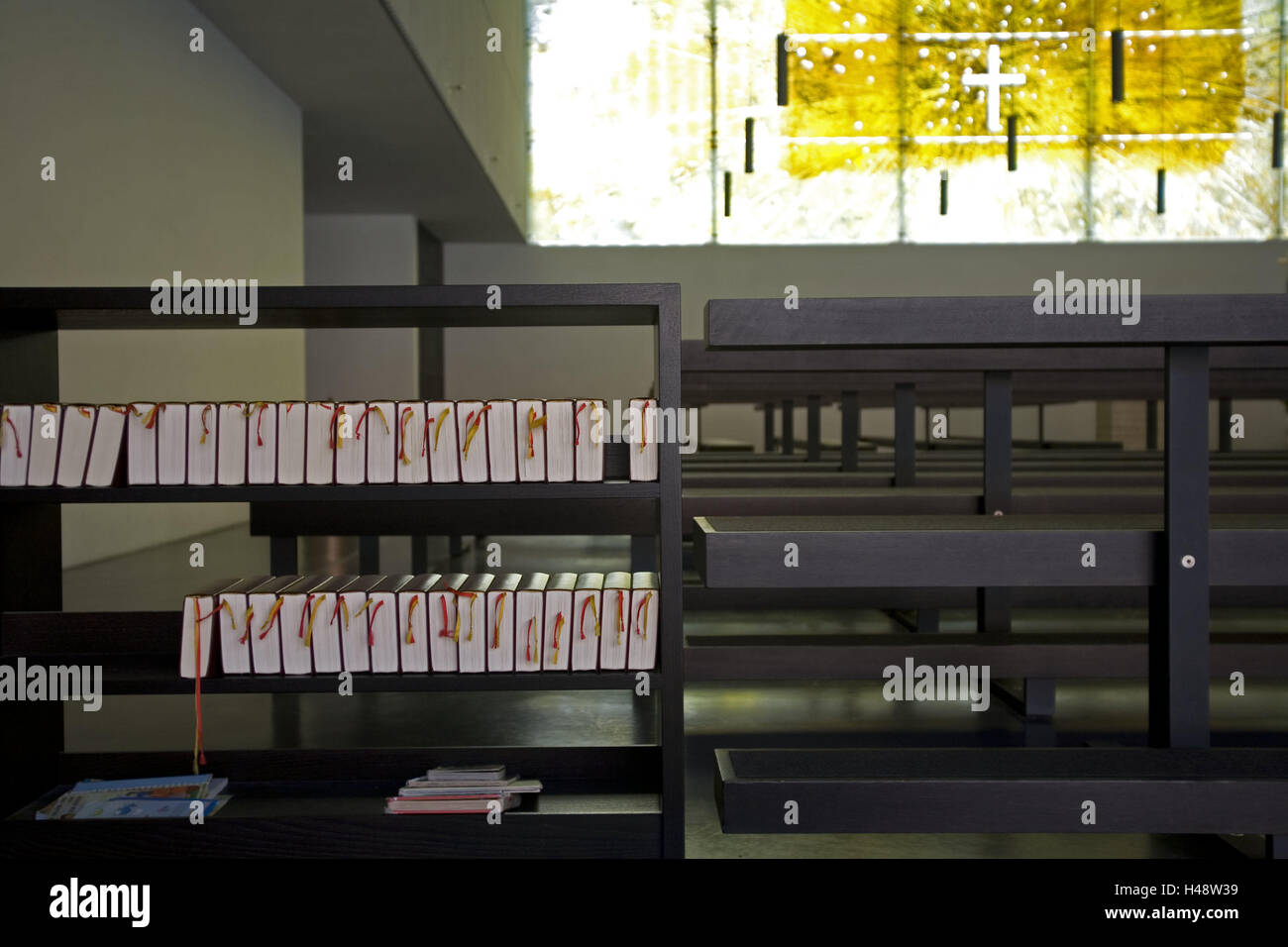 Church, inside, prayer books, detail, Germany, Bavaria, Munich, mass ...