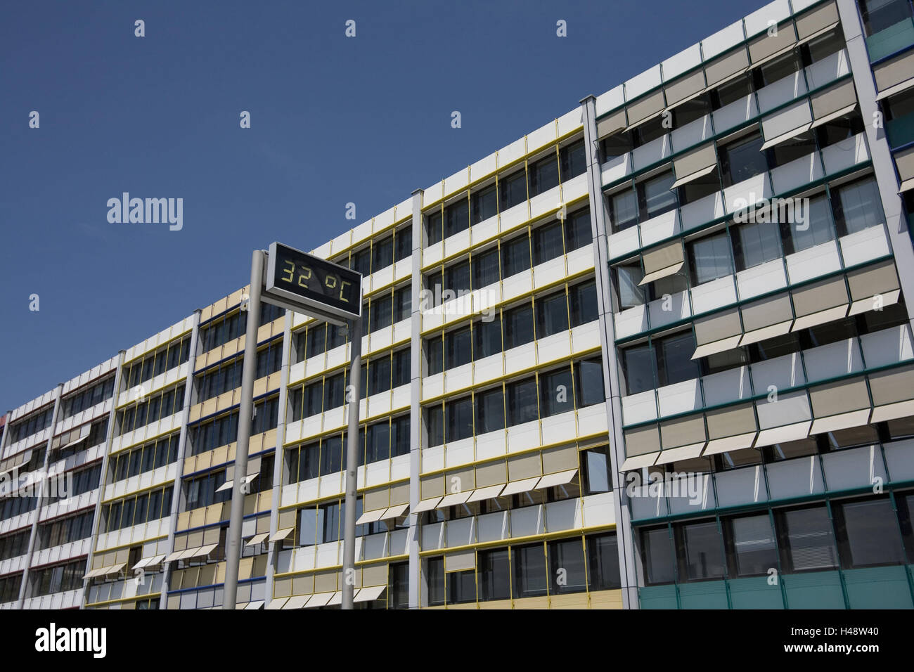 Administration building, outside facade, temperature indicator, heat ...