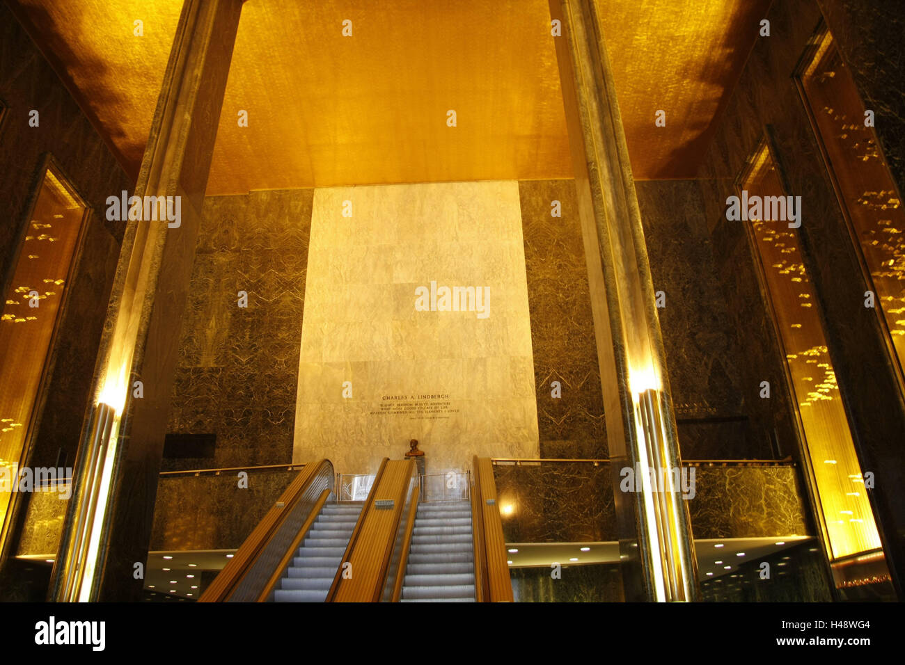 The USA, New York city, Rockefeller centre, foyer, escalators, detail ...