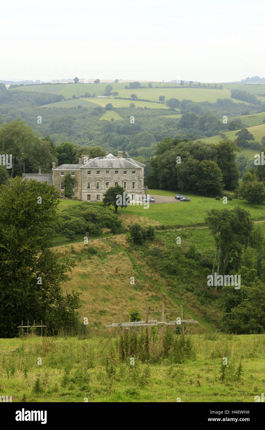 Great Britain, Devon, Sharpham, hill scenery, mansion, summer, England ...