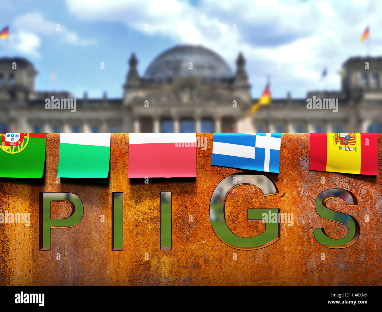 Iron wall, PIIGS states, flags, Reichstag, PIIGS, states, dry, flags ...