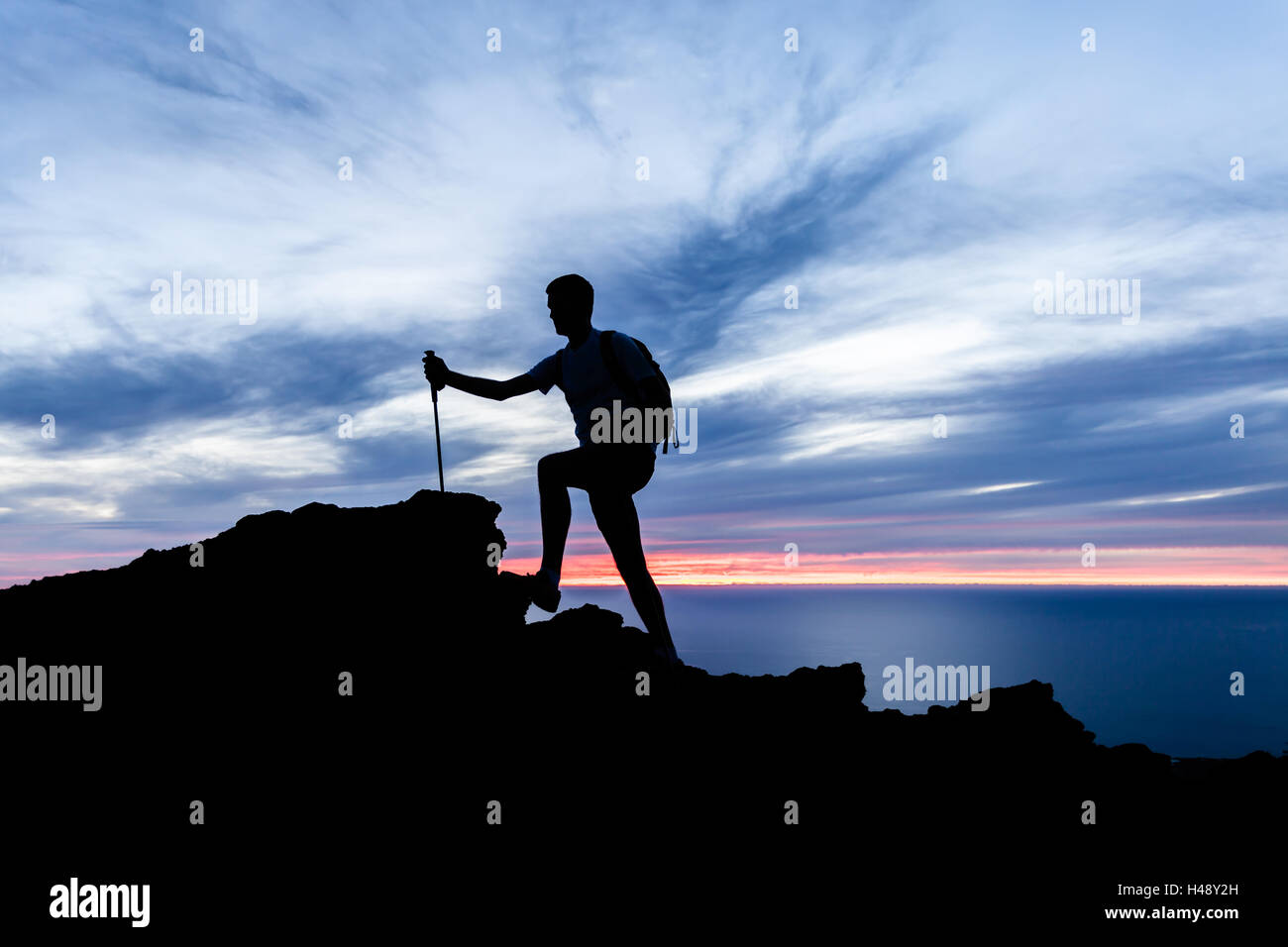 Man hiking silhouette in mountains, sunset and ocean inspirational ...