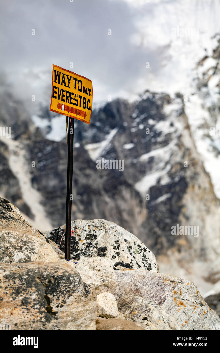 Way to Mount Everest Base Camp signpost in Himalayas. Inspirational ...