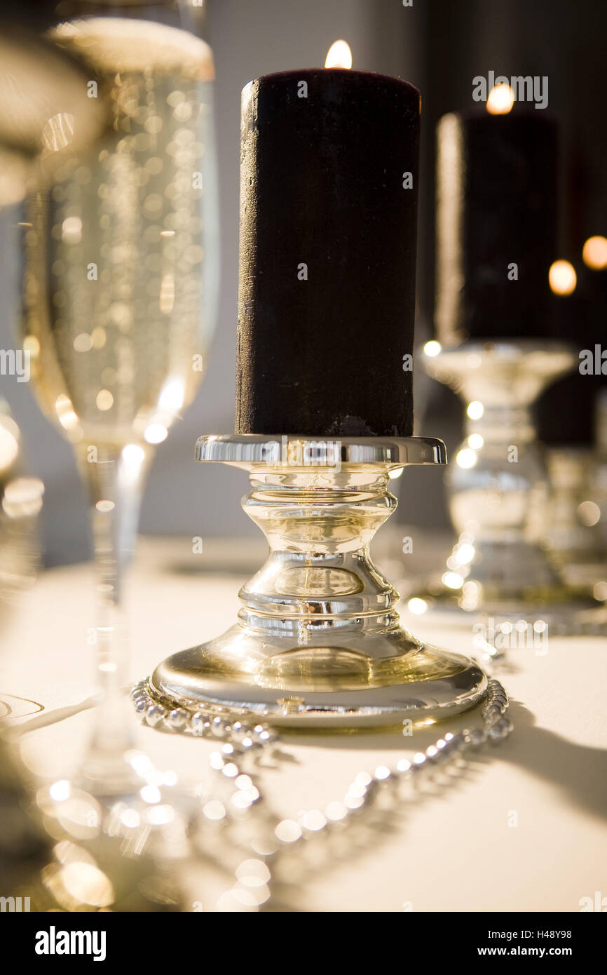 Table appointments, candle holder, champagne glass, detail, blur Stock ...
