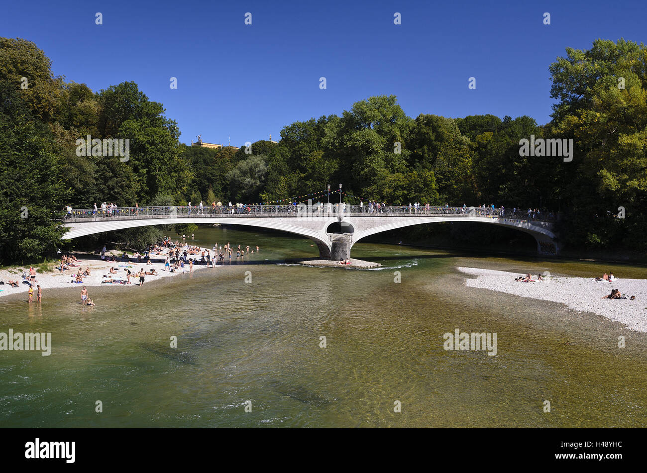 Germany, Bavaria, Upper Bavaria, Munich, Isar shore, cable bridge ...