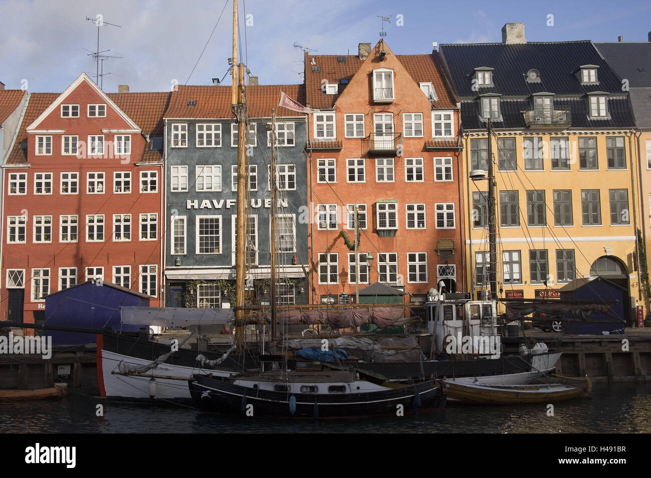 Denmark, Copenhagen, Nyhavn, terrace, channel, ships, capital, houses ...