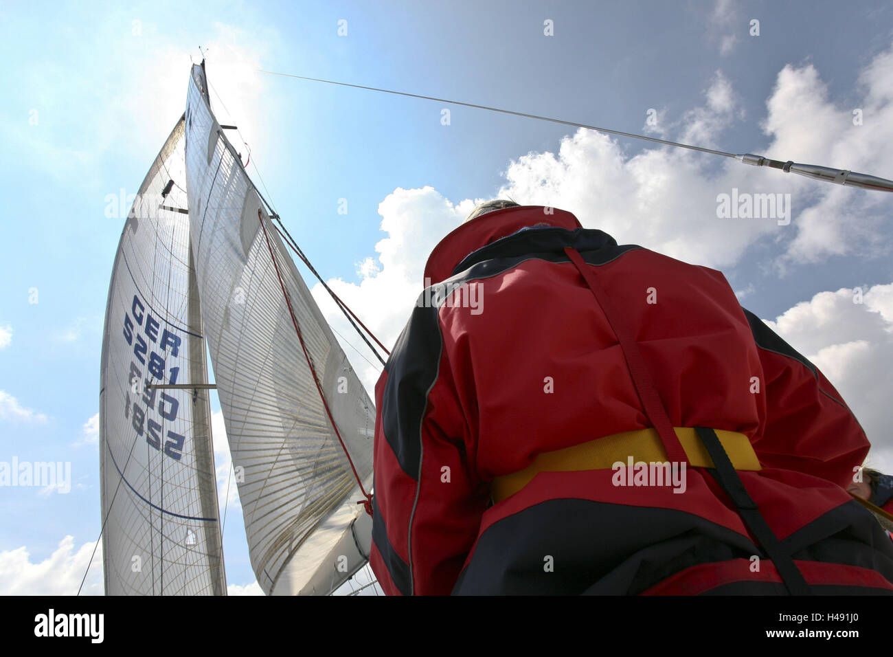 Sailboats, detail, yachtsman, back view, mast, sail, heaven, back light ...