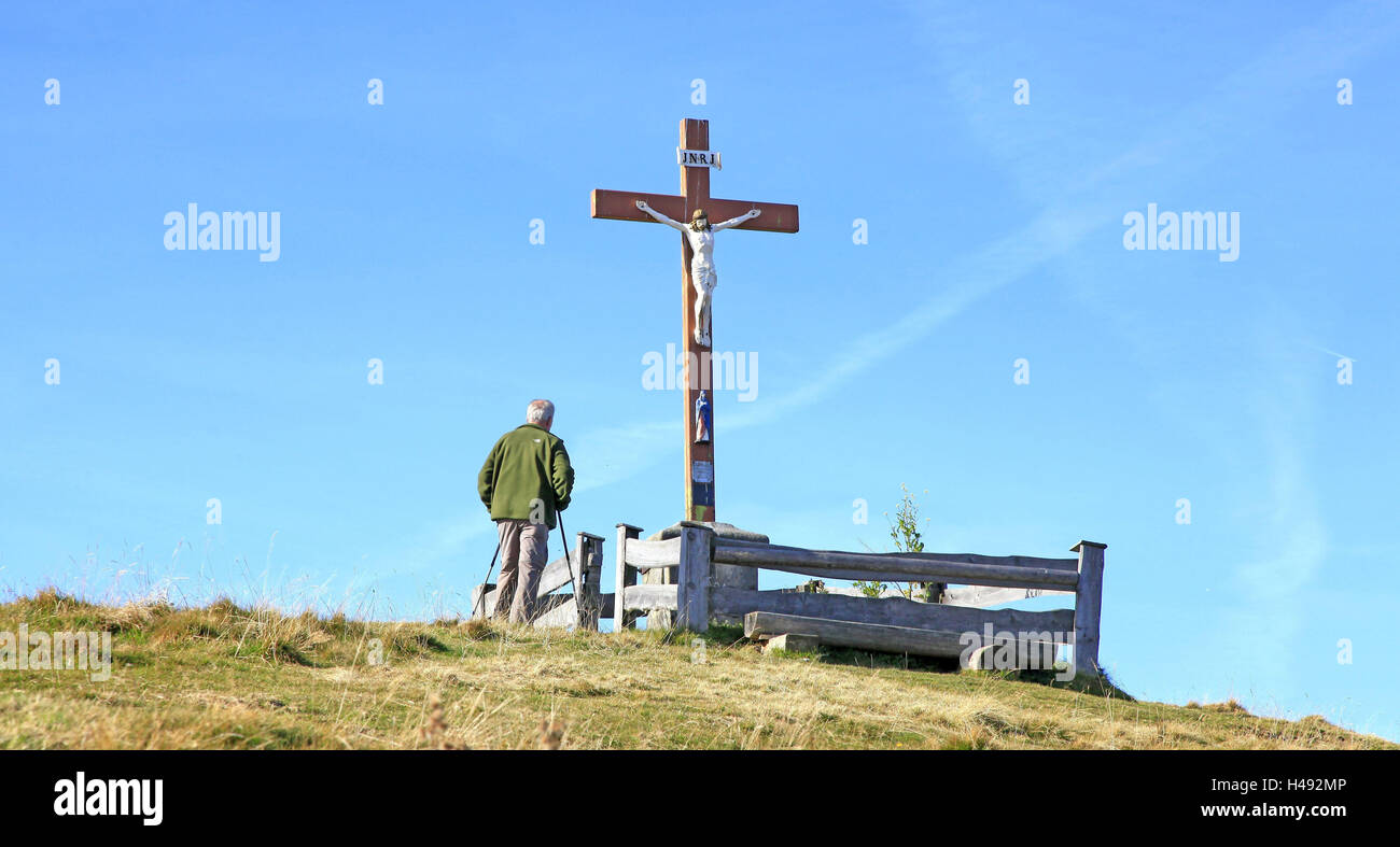 Man in front of wayside cross, person, only, wanderer, wooden fence ...