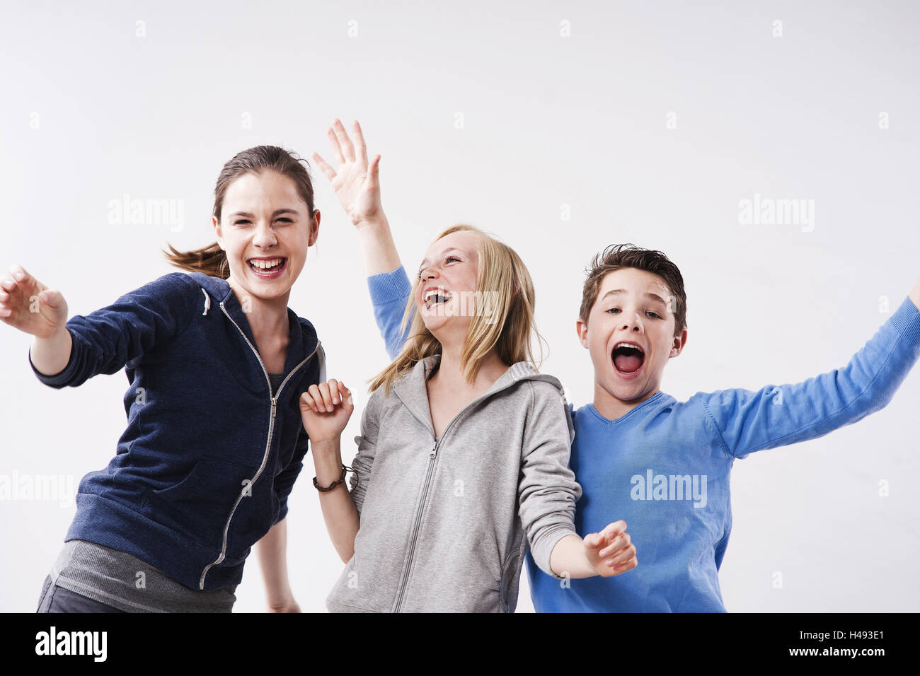 Teenager, girls, boy, three, joy, studio, symbol, gesture, young ...