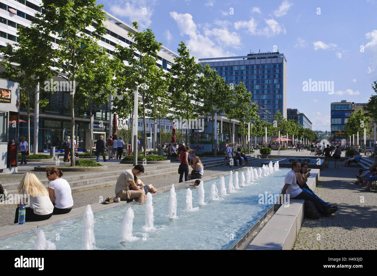 Shopping street, pedestrian area Prager Strasse, fountain, people ...