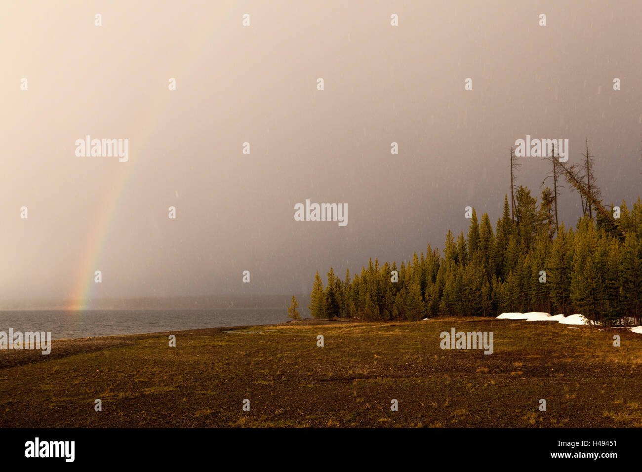 USA, Yellowstone National Park, Yellowstone Lake, rainbow Stock Photo ...