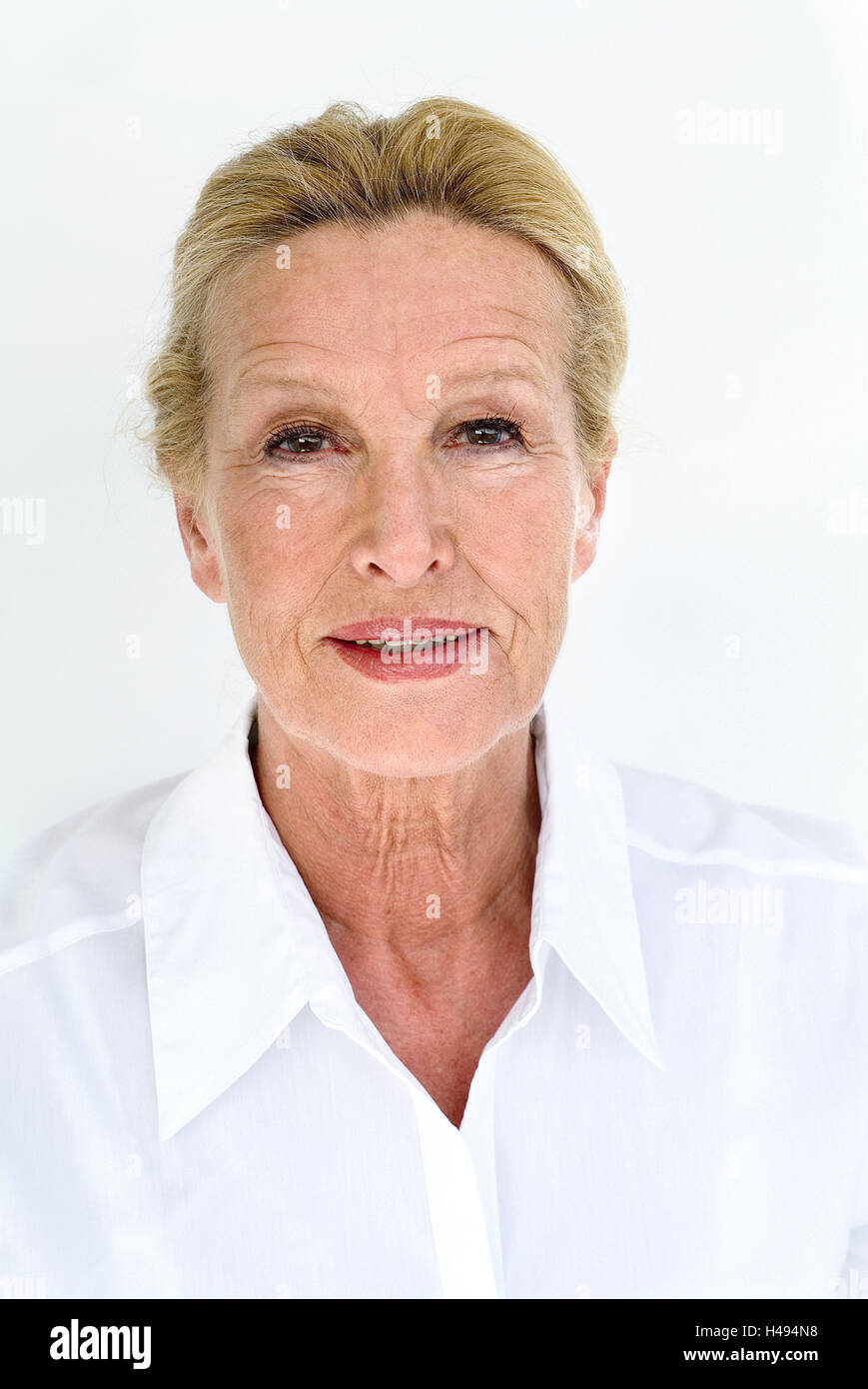 Senior, blond, smile, portrait, person, senior citizens, woman, long ...