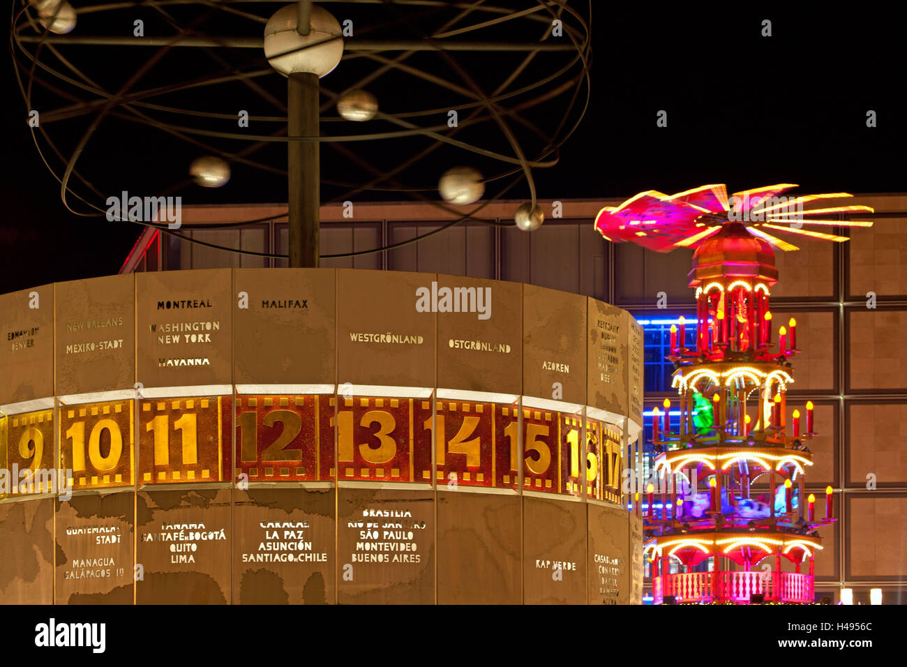 Germany, Berlin, Alexanderplatz, world time clock, Christmas pyramid ...