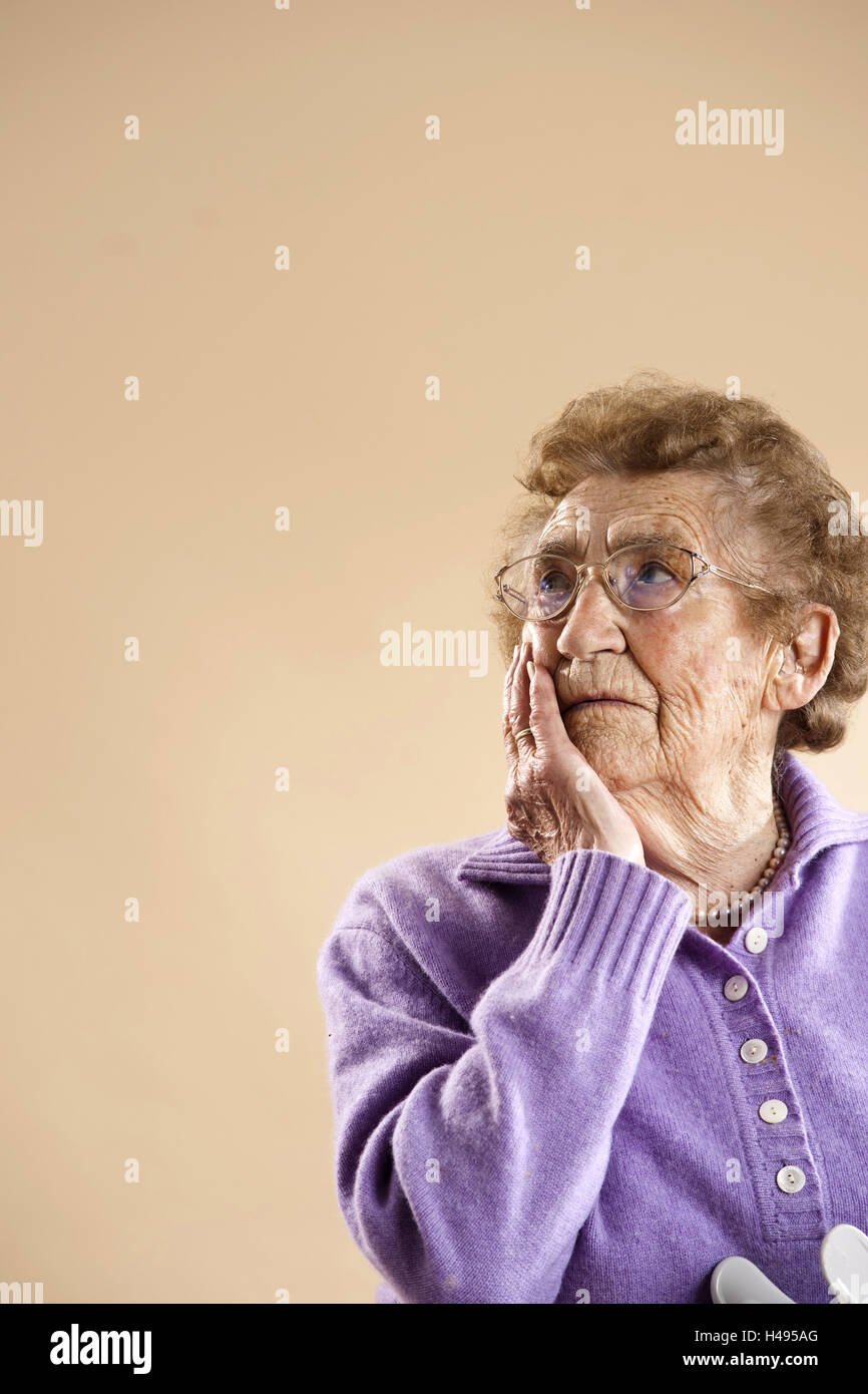 Senior, sadly, worried, View, side view, portrait, studio Stock Photo ...