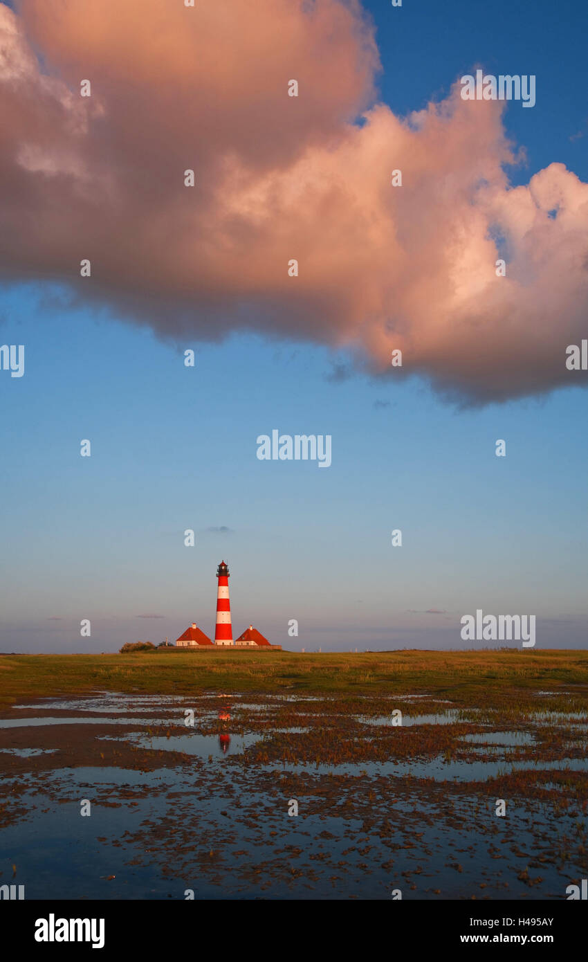 Germany, Schleswig-Holstein, Westerhever, lighthouse, evening, North ...