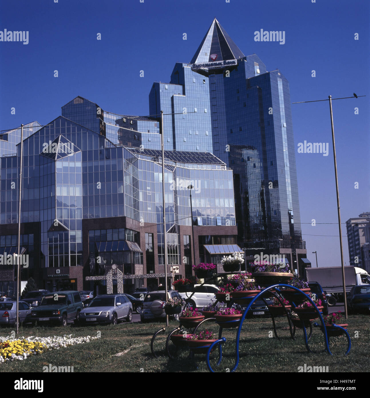 Kazakhstan, Almaty, bank, outside, building, facade, glass front ...